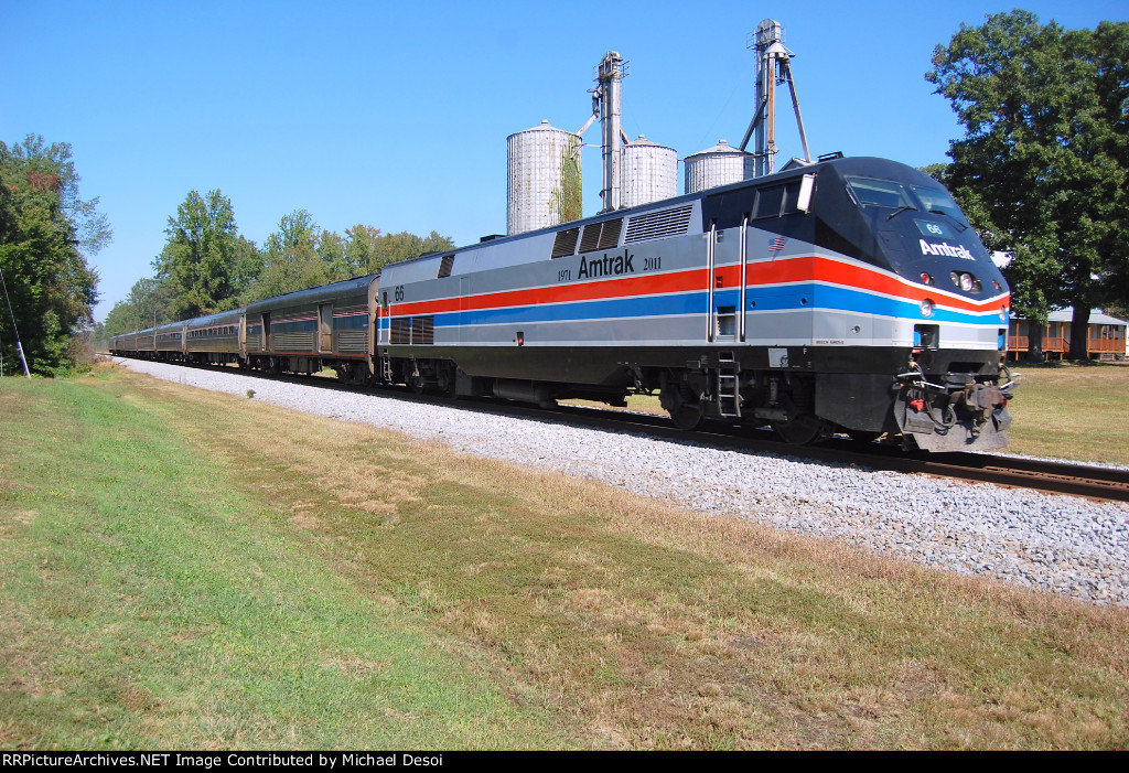 Amtk Heritage P-42DC #66 takes a southbound across Halligan Park Road